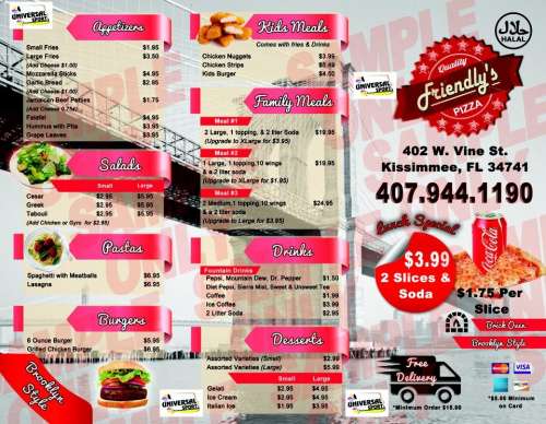 Friendly's Brooklyn Style Pizza menu in Kissimmee, Florida, USA