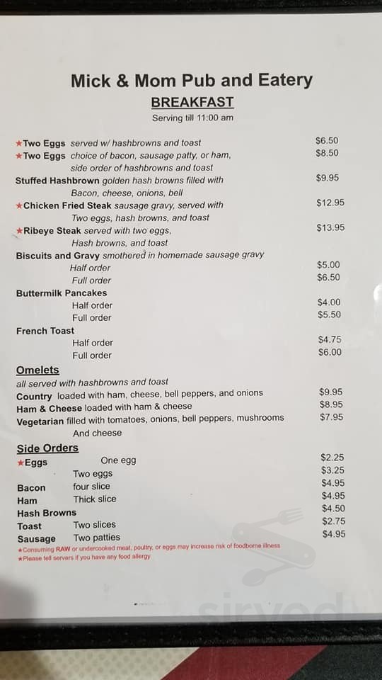 Menu for Mick & Mom's Pub & Eatery in Stayton, OR | Sirved