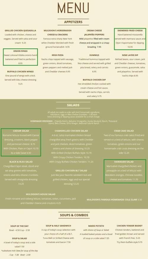 Muldoon's on Main menu in Carmel, Indiana, USA