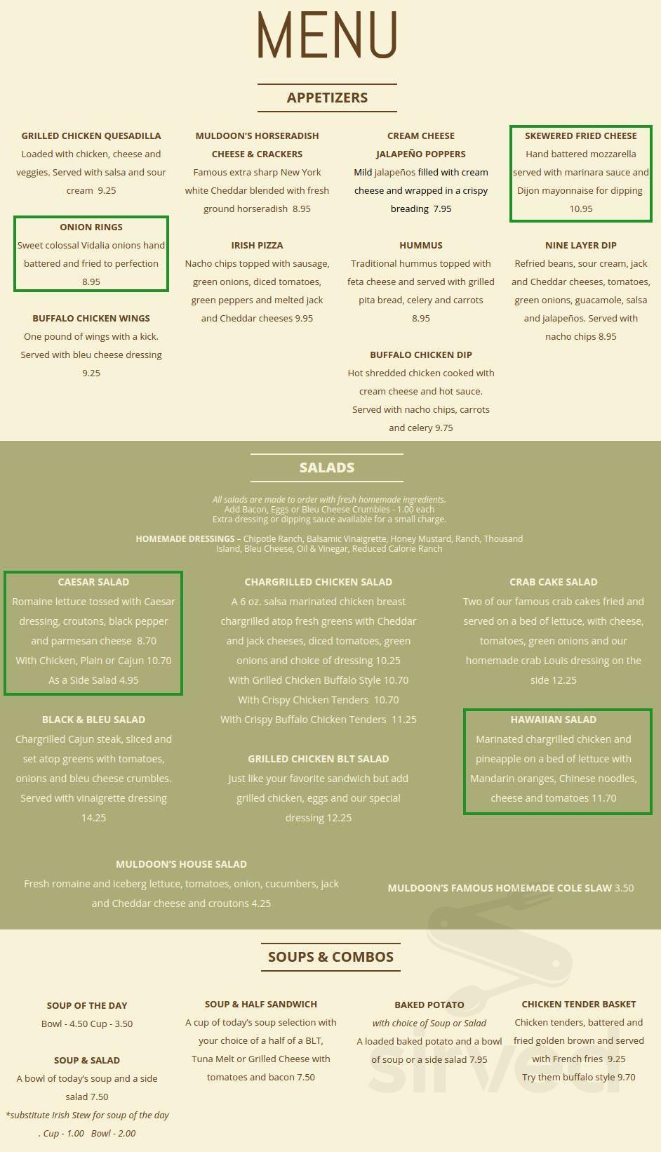 Muldoon's on Main menu in Carmel, Indiana, USA
