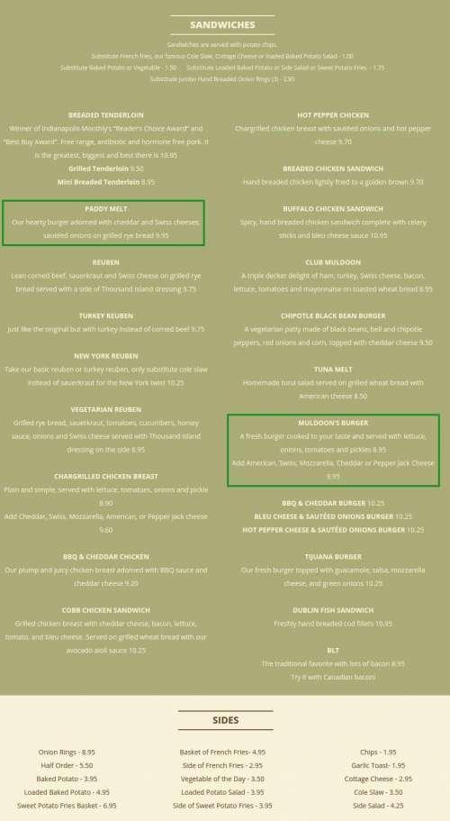 Muldoon's on Main menu in Carmel, Indiana, USA