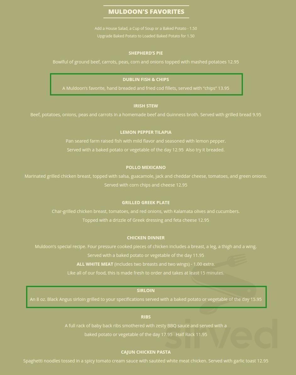 Muldoon's on Main menu in Carmel, Indiana, USA