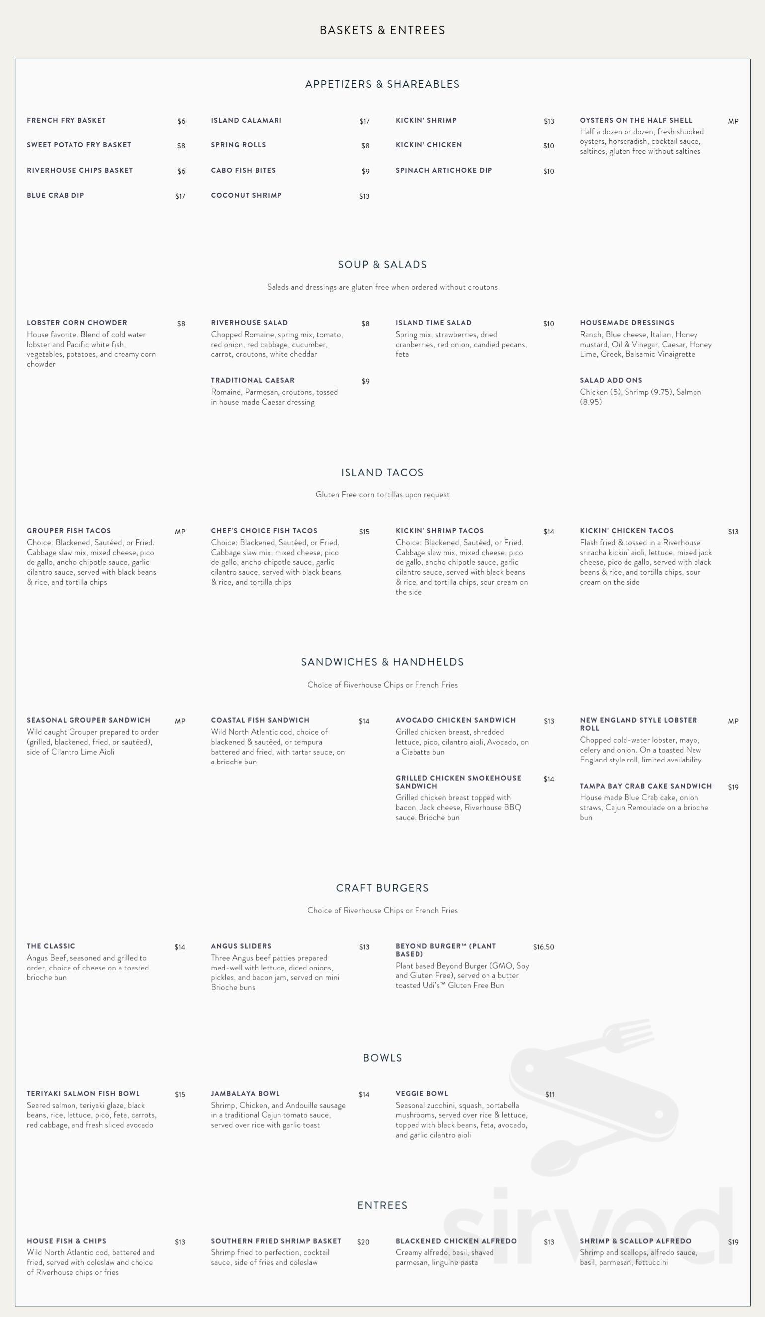 Riverhouse Waterfront Restaurant menu in Palmetto, Florida, USA