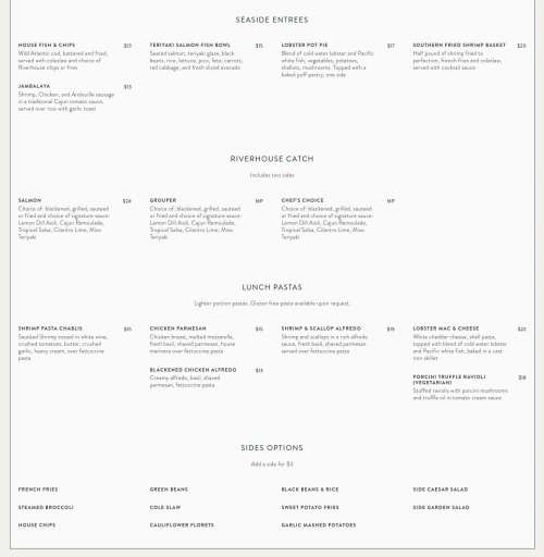 Riverhouse Waterfront Restaurant menu in Palmetto, Florida, USA