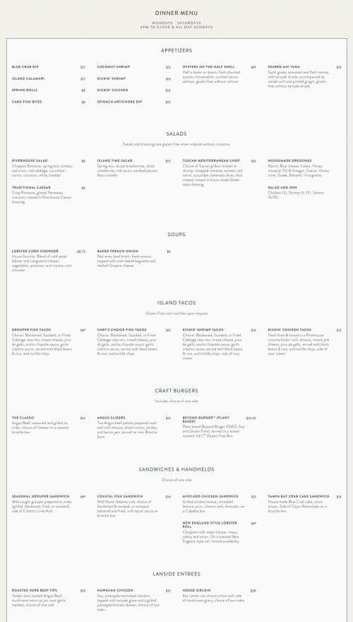 Riverhouse Waterfront Restaurant menu in Palmetto, Florida, USA