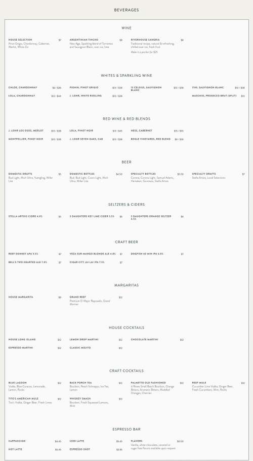 Riverhouse Waterfront Restaurant menu in Palmetto, Florida, USA