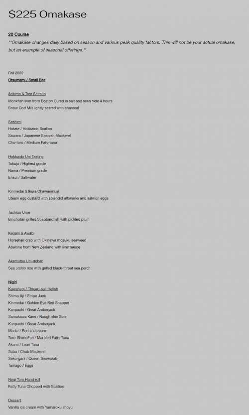 Omakase Table menu in Atlanta, Georgia, USA