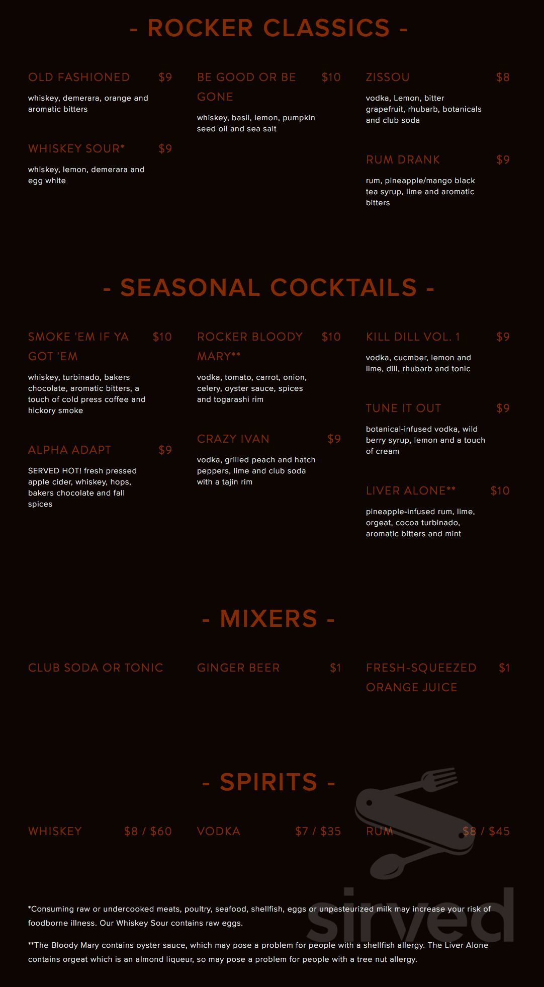 Rocker Spirits menu in Littleton, Colorado, USA