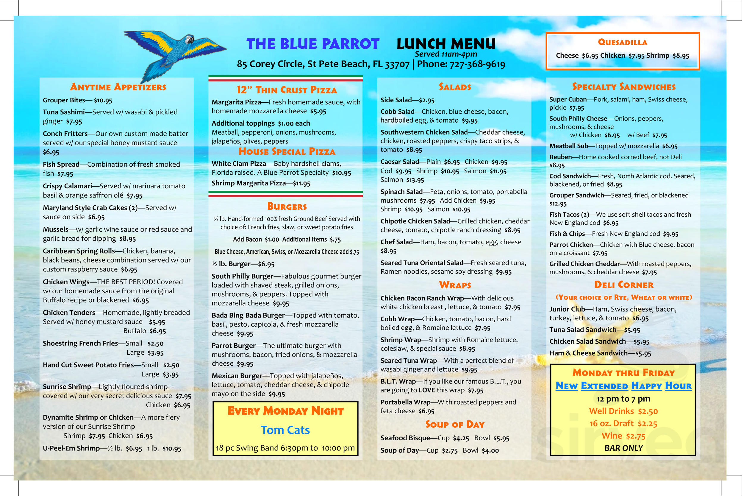 The Blue Parrott menu in St Pete Beach, Florida, USA