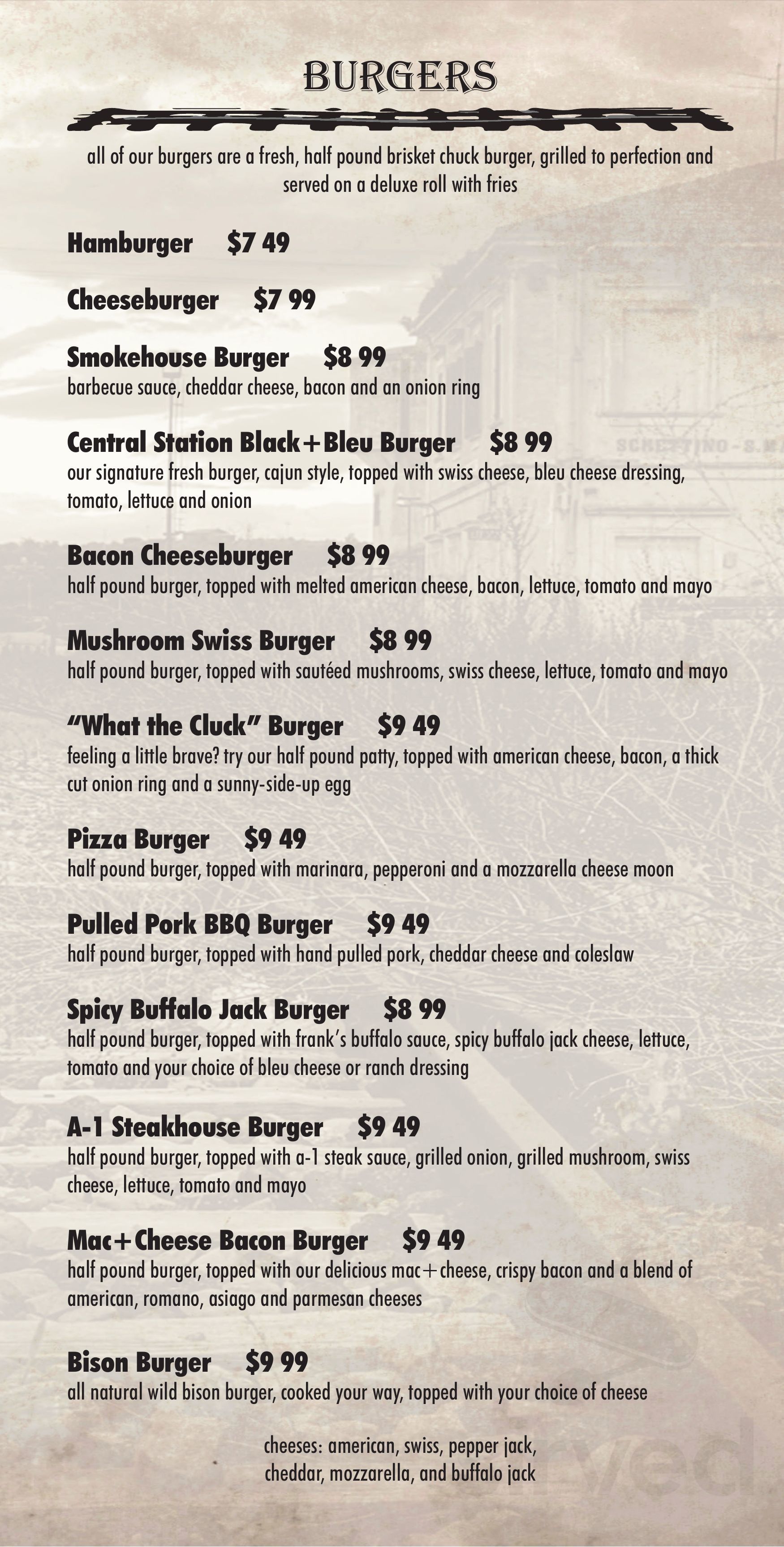 Central Station Steak And Ale menus in Cambridge, Ohio, United States