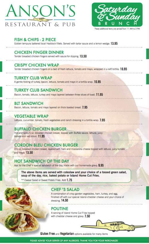 Anson's Restaurant & Pub menu in Slemon Park, Prince Edward Island, Canada