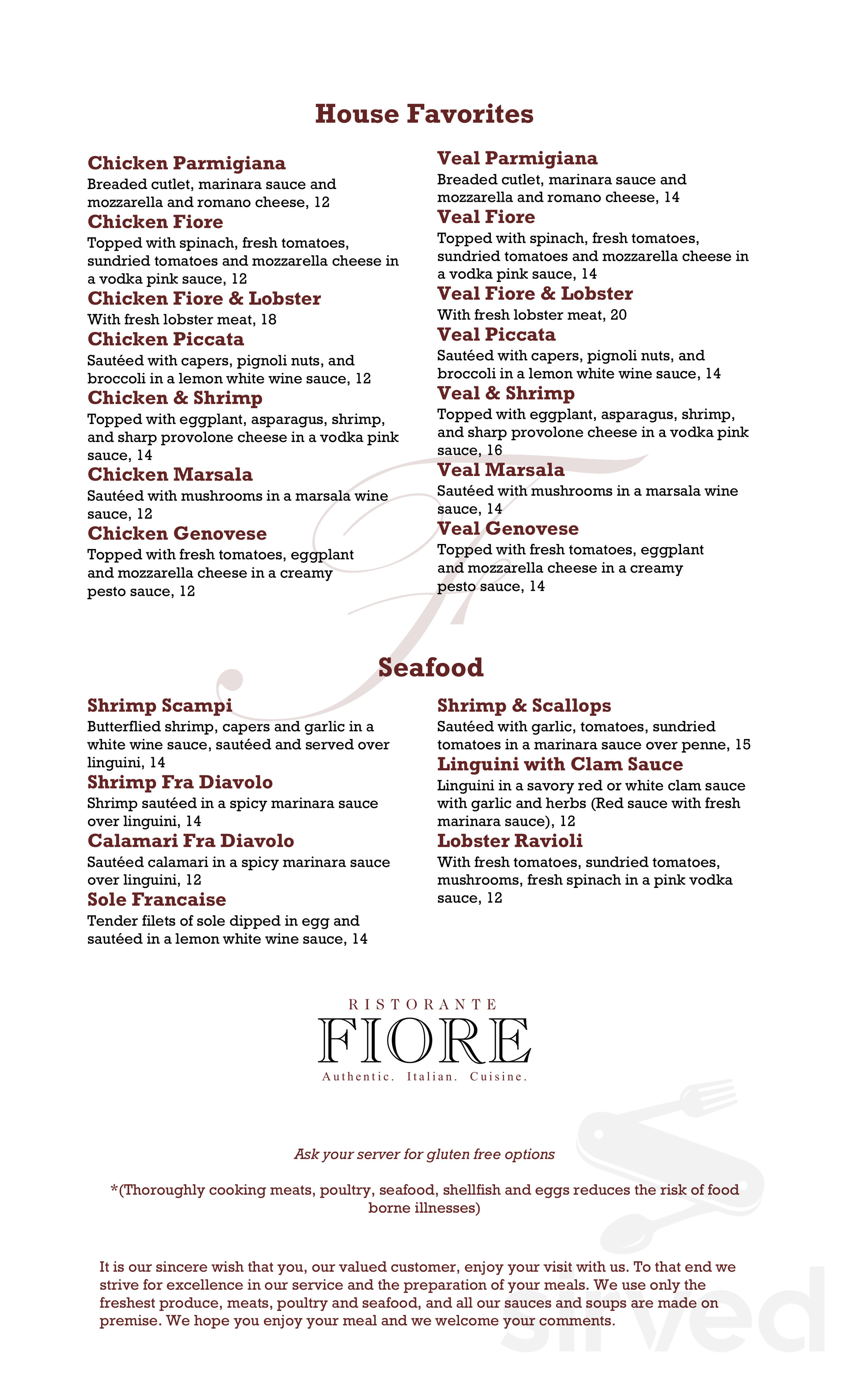 Fiore II Restaurant menu in Middletown, Connecticut, USA