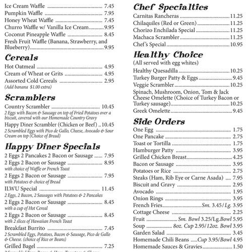 Happy Diner menu in San Pedro, California, USA