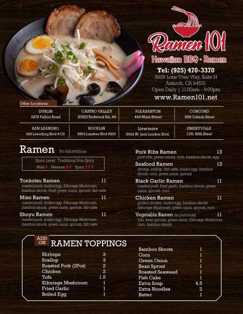 Ramen 101 menu in Pleasanton, California, USA