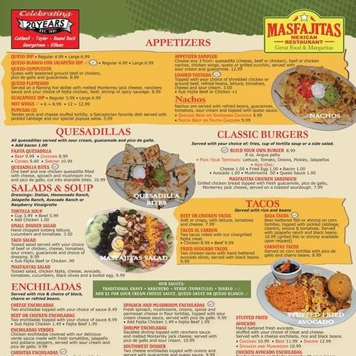 Masfajitas menu in College Station, Texas, USA