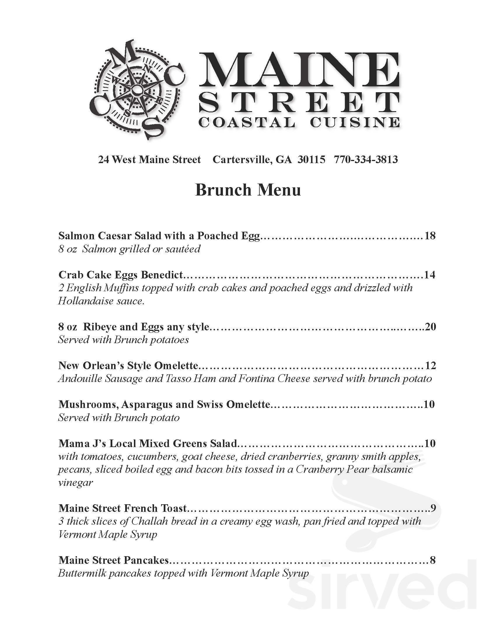 Menu for Maine Street Coastal Cuisine in Cartersville, GA | Sirved