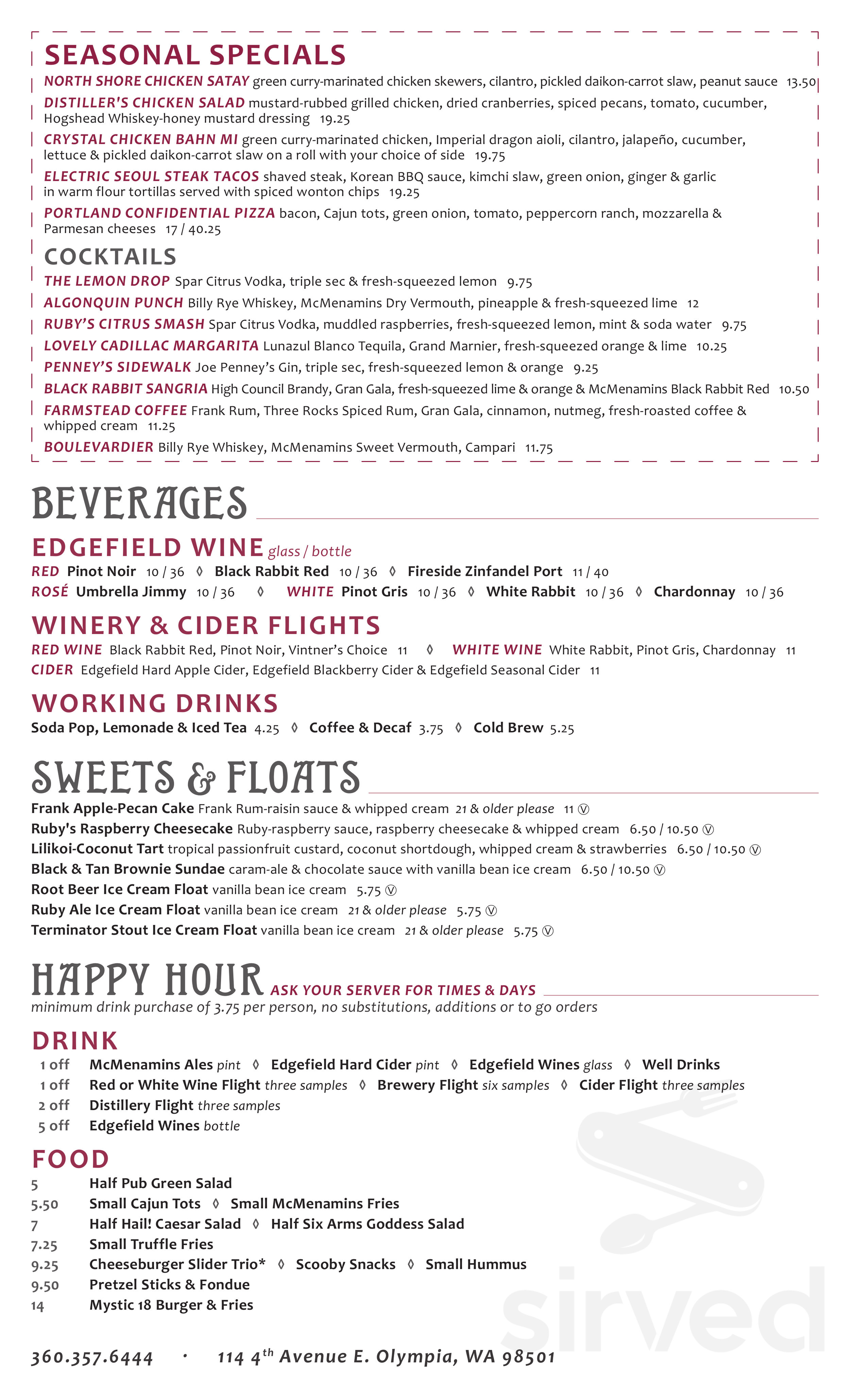 McMenamins Spar Café menu in Olympia, Washington, USA