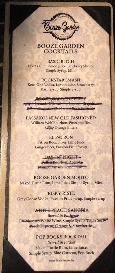 Booze Garden menu in Fort Lauderdale, Florida, USA
