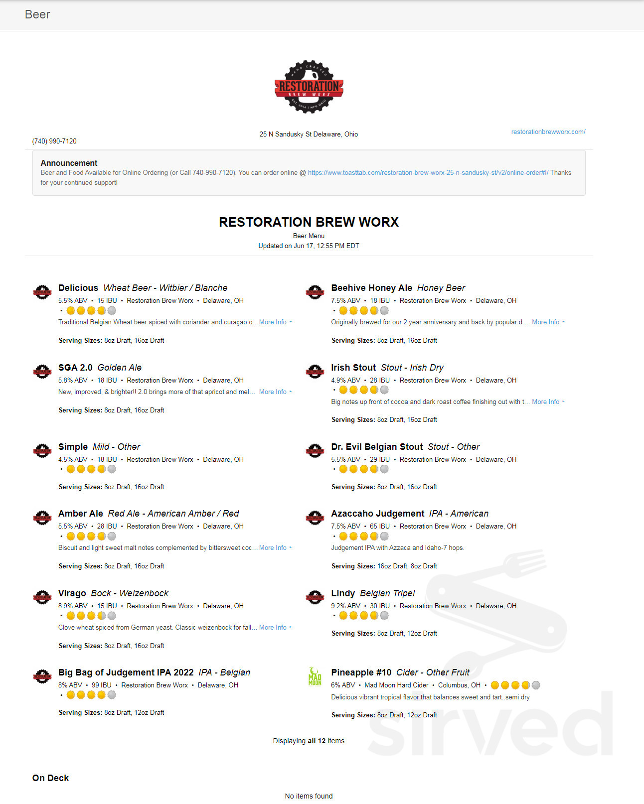 Menu - Delaware OH's Restoration Brew Worx | Sirved