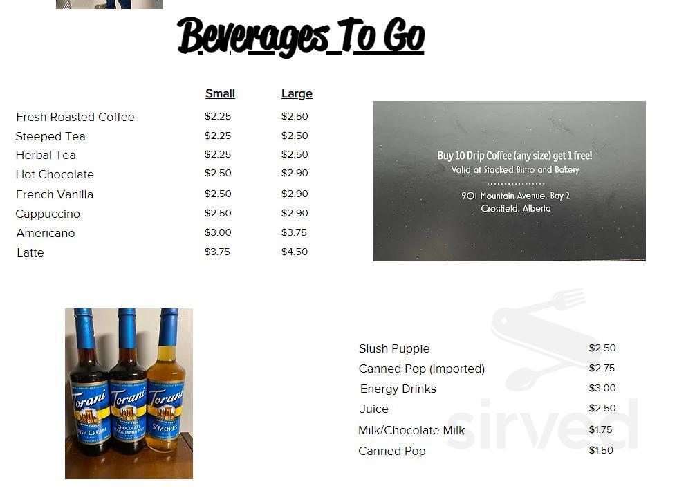 Stacked Bistro and Bakery menu in Crossfield, Alberta, Canada
