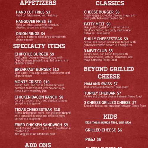 Between The Bunz menu in Waco, Texas, USA