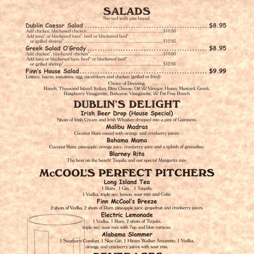 Finn McCools menu in Myrtle Beach, South Carolina, USA