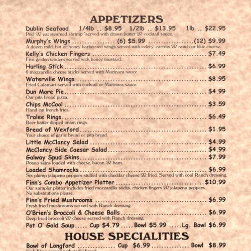 Finn McCools menu in Myrtle Beach, South Carolina, USA