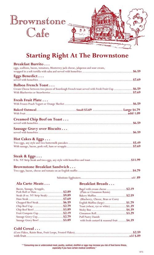 Brownstone Cafe menu in Middletown, Pennsylvania, USA