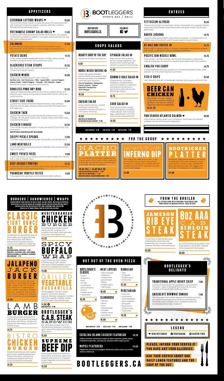 Bootleggers Sports Bar & Grill menu in Calgary, Alberta, Canada