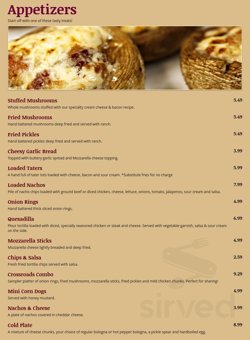 Crossroads Pub and Grub menus in Jacksontown, Ohio, United States