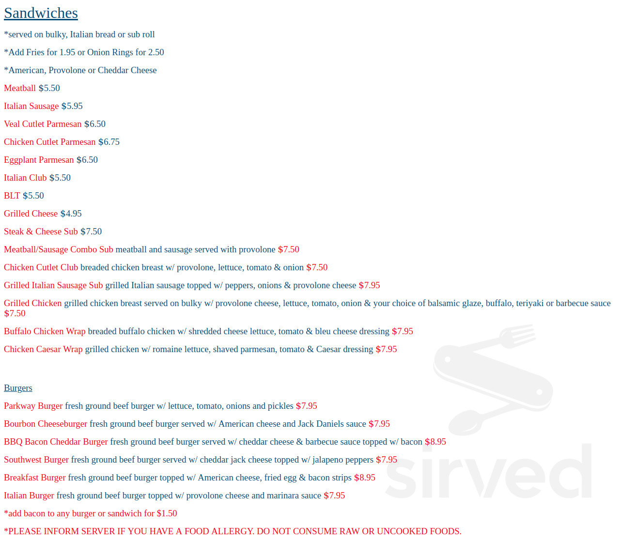 Parkway Diner menu in Worcester, Massachusetts, USA