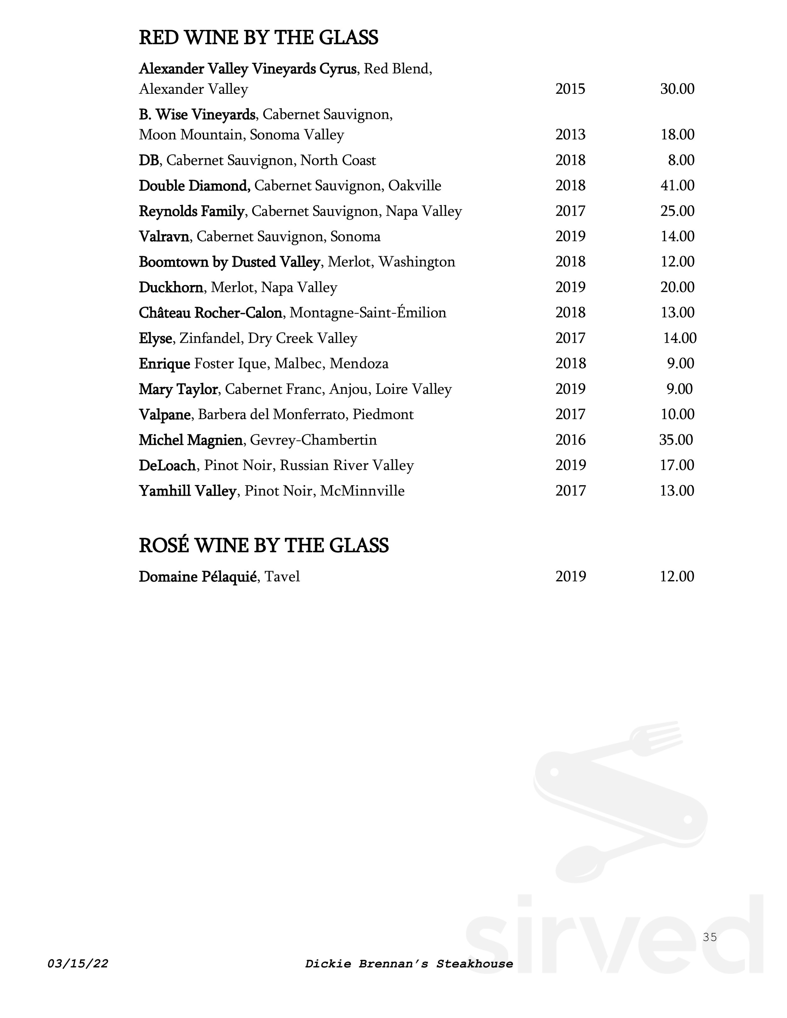 Dickie Brennan's Steakhouse menu in New Orleans, Louisiana, USA