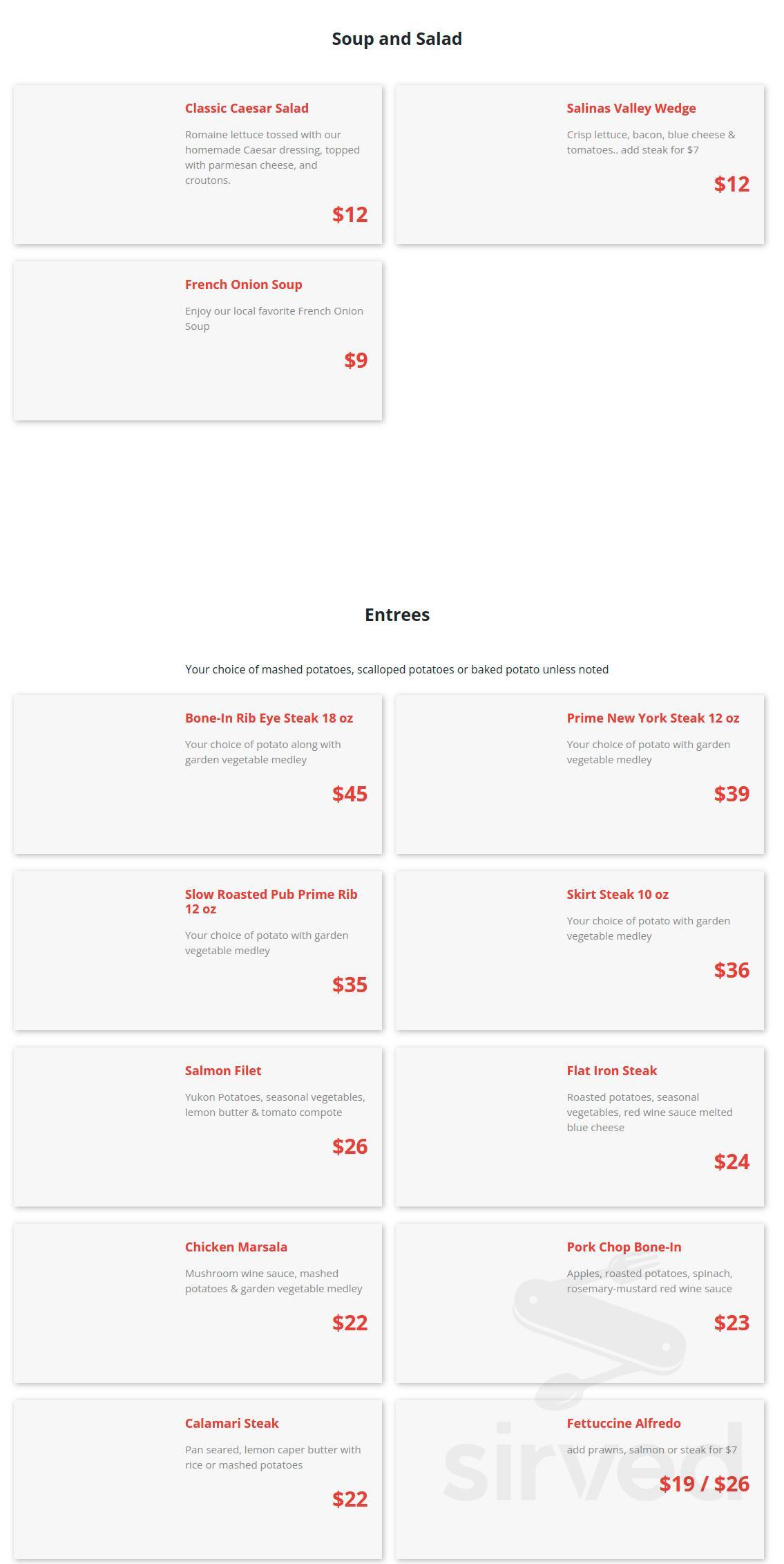 Growers Pub menu in Salinas, California, USA