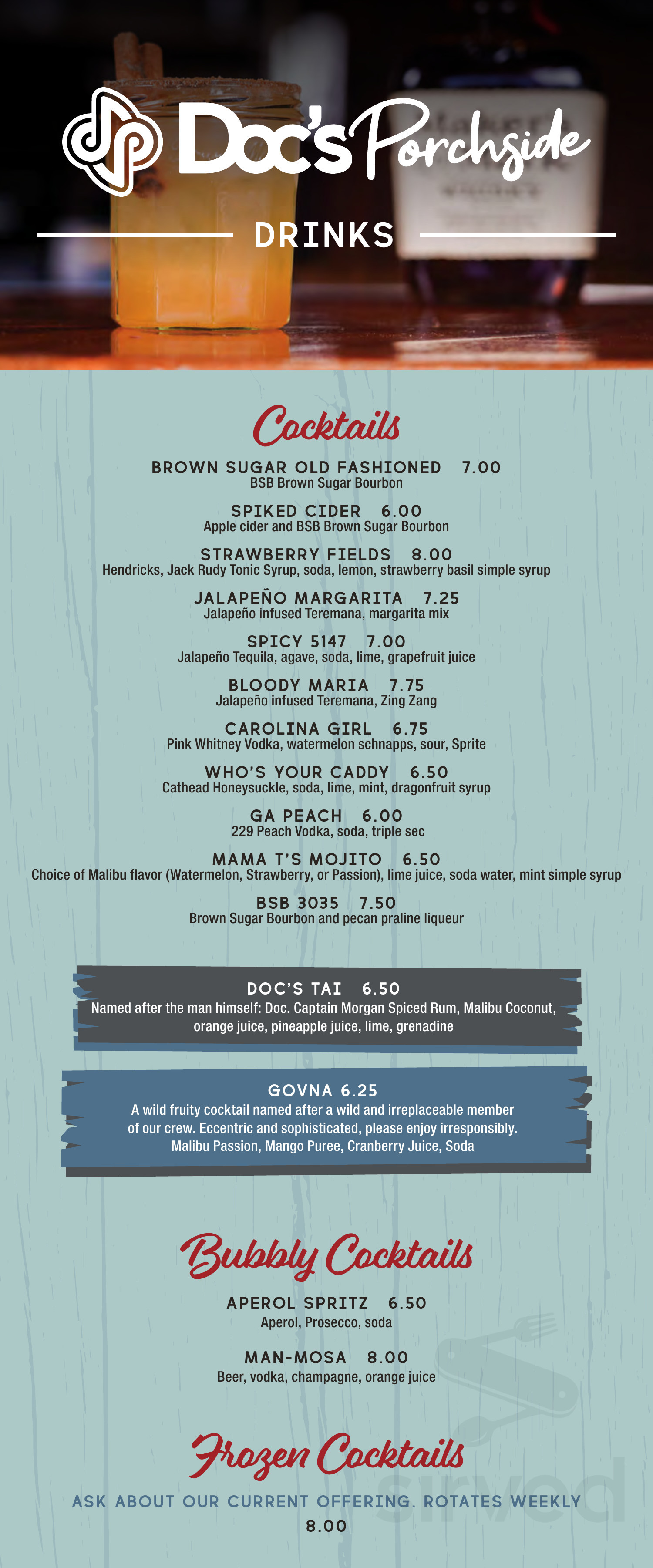 Doc's Porchside menu in Augusta, Georgia, USA