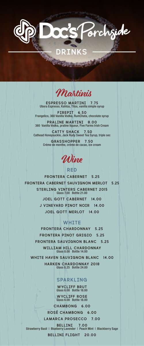 Doc's Porchside menu in Augusta, Georgia, USA