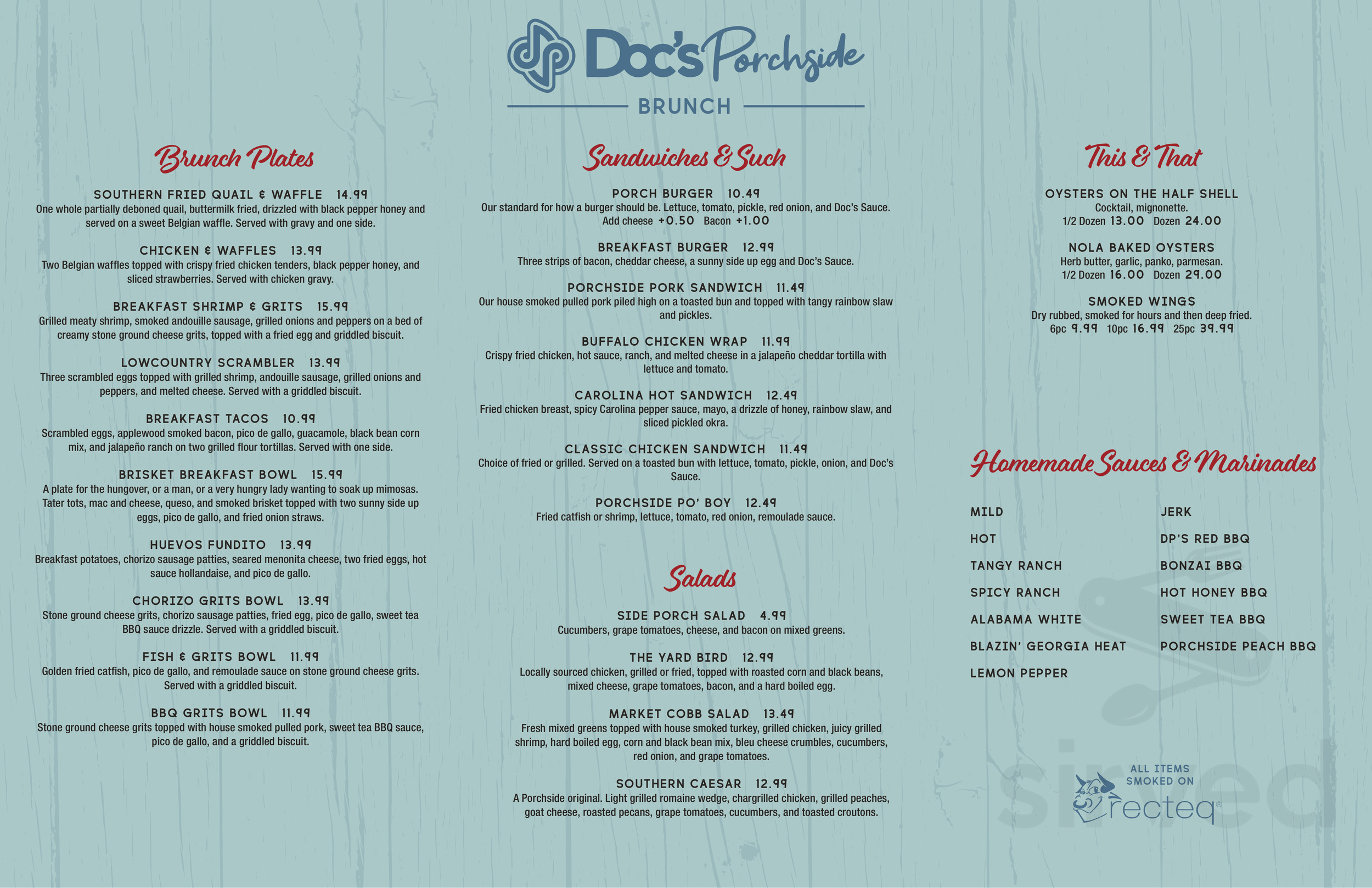 Doc's Porchside menu in Augusta, Georgia, USA