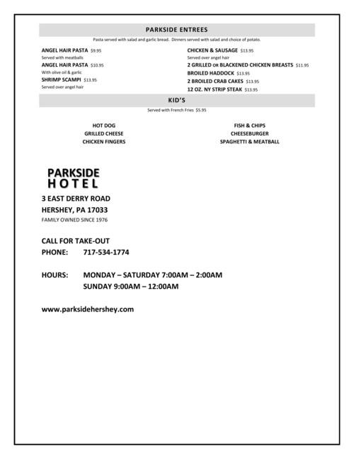 Parkside Hotel menu in Hershey, Pennsylvania, USA