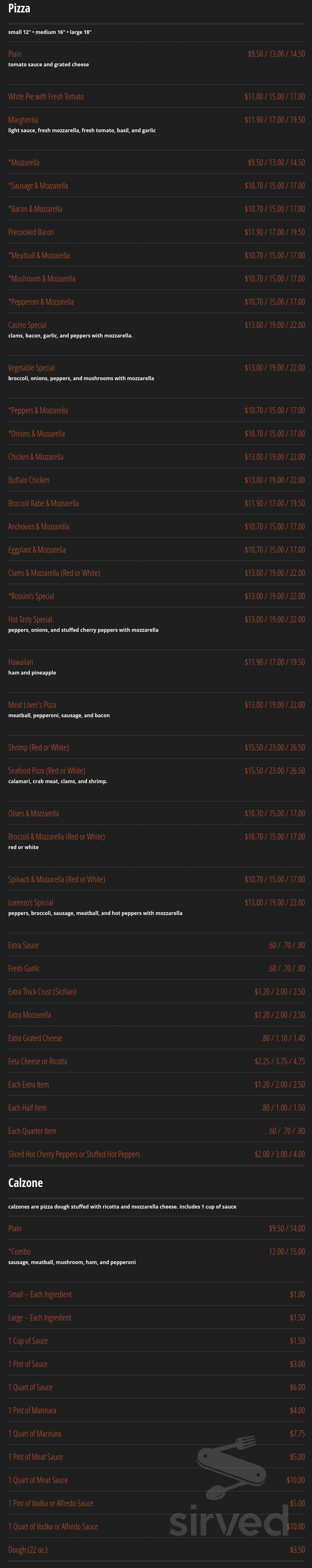 Rossini's Italian Restaurant and Pizza menu in Cheshire, Connecticut, USA