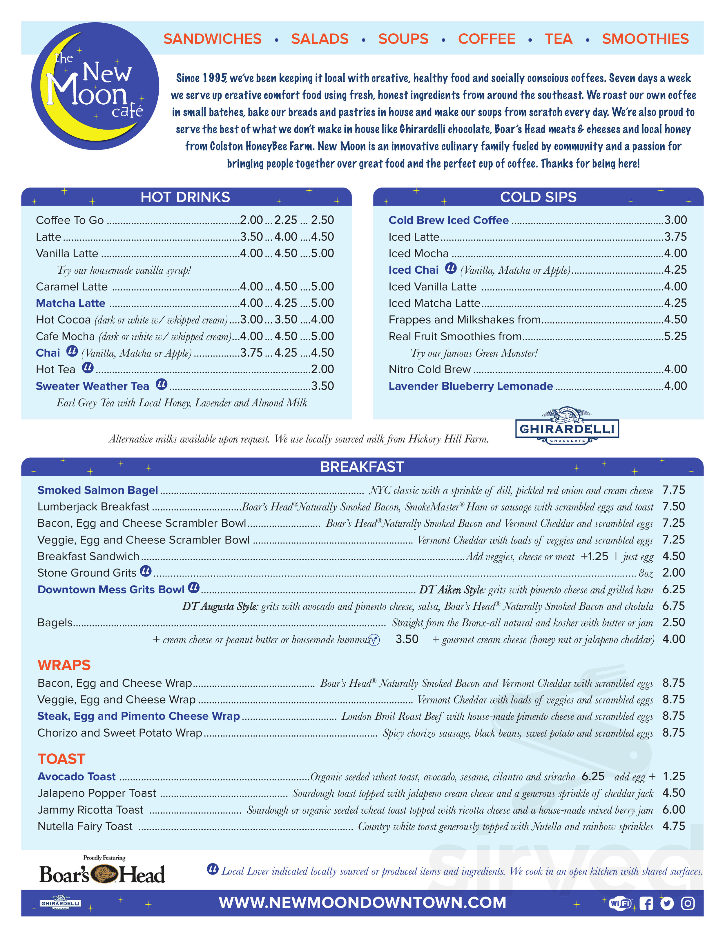 Menu - Aiken SC's New Moon Cafe | Sirved