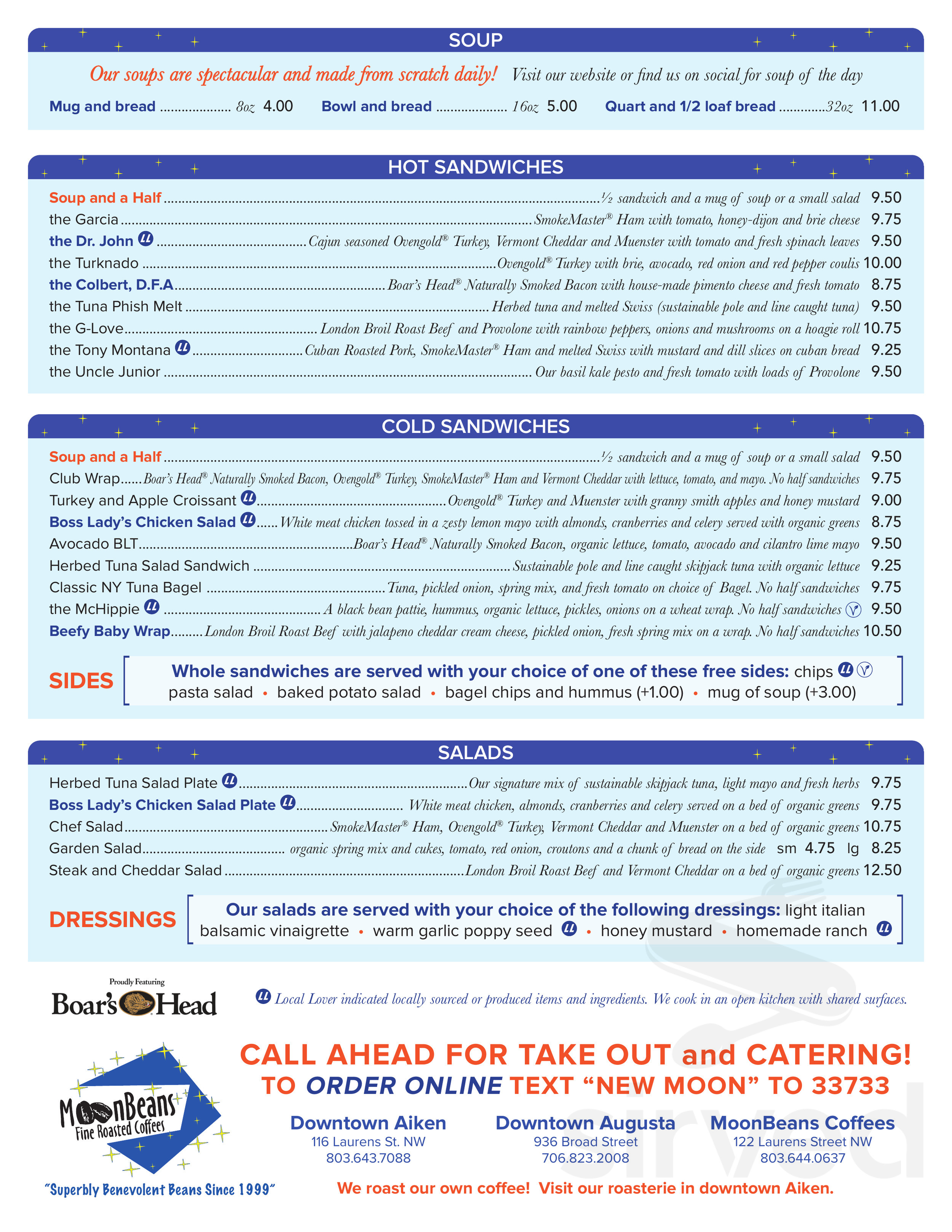Menu - Aiken SC's New Moon Cafe | Sirved