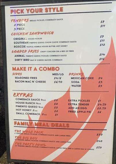 Pete's Hot Chicken menu in San Antonio, Texas, USA