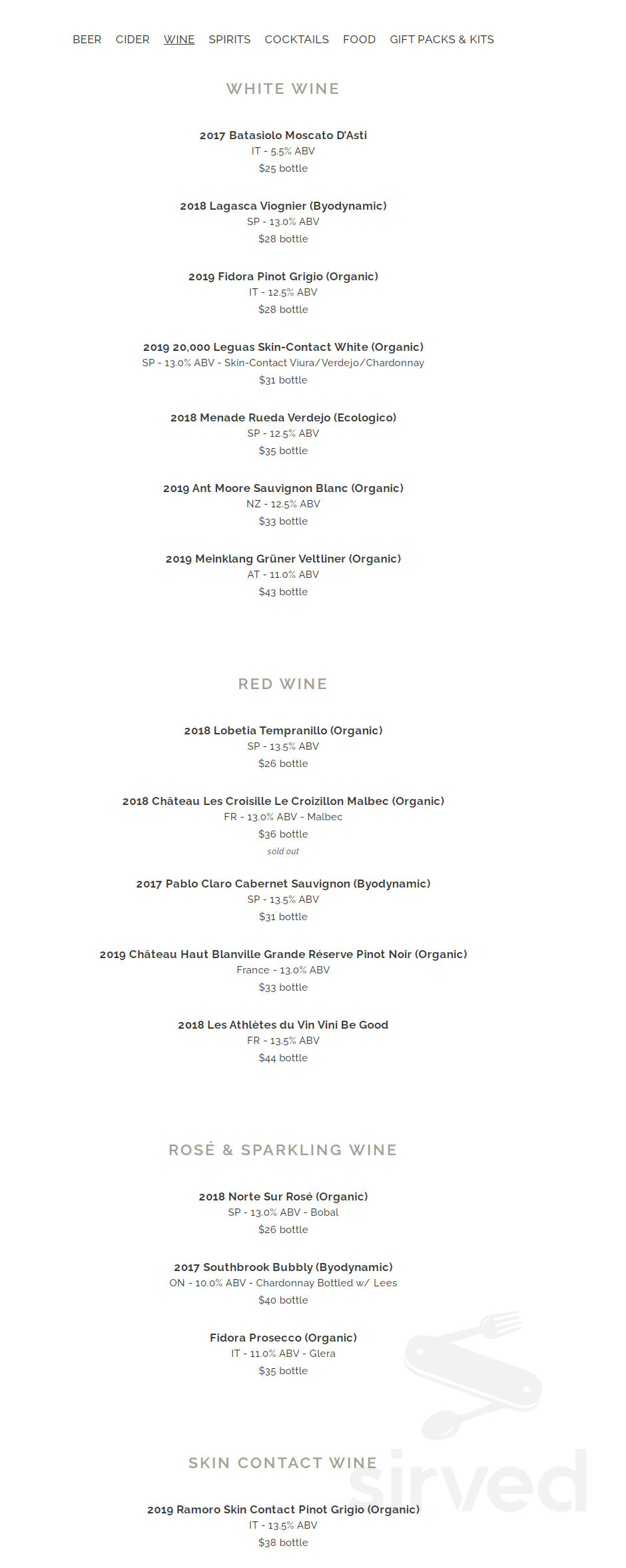 Bar Hop Brewco menu in Toronto, Ontario, Canada