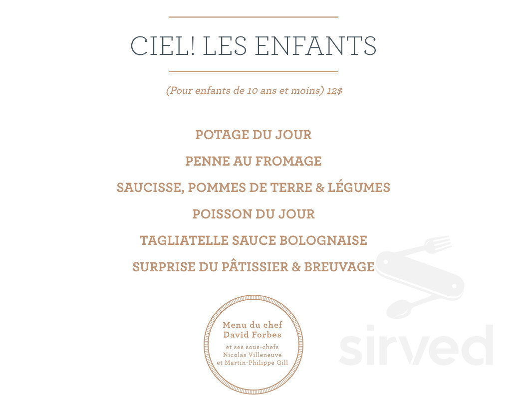 Menu for Ciel! Bistro-bar in Québec City, QC | Sirved