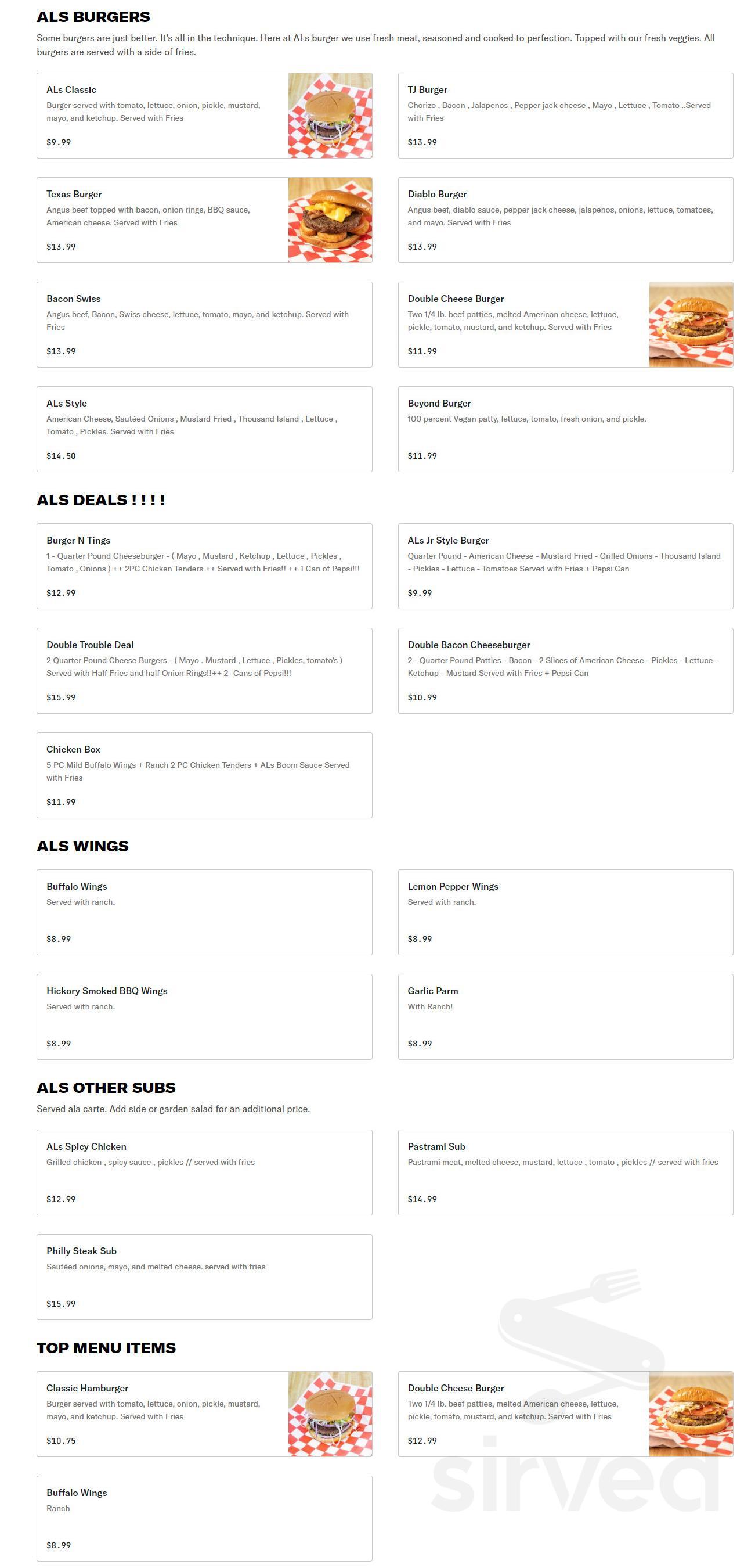 Al's Burger and Fry joint Menu - Imperial Beach, California | Sirved