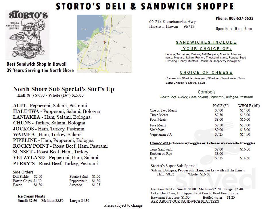 Menu for Storto's Deli & Sandwich Shop in Haleiwa, HI | Sirved