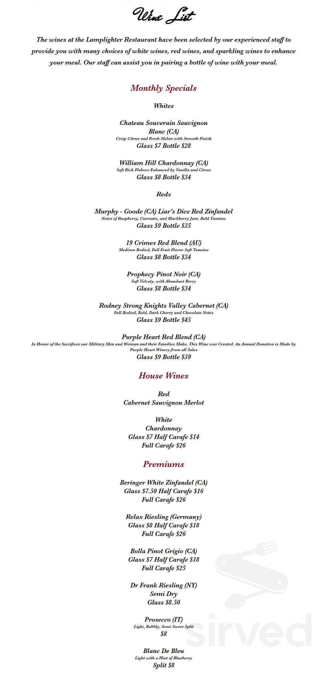 Lamplighter Restaurant menu in Rochester, New York, USA