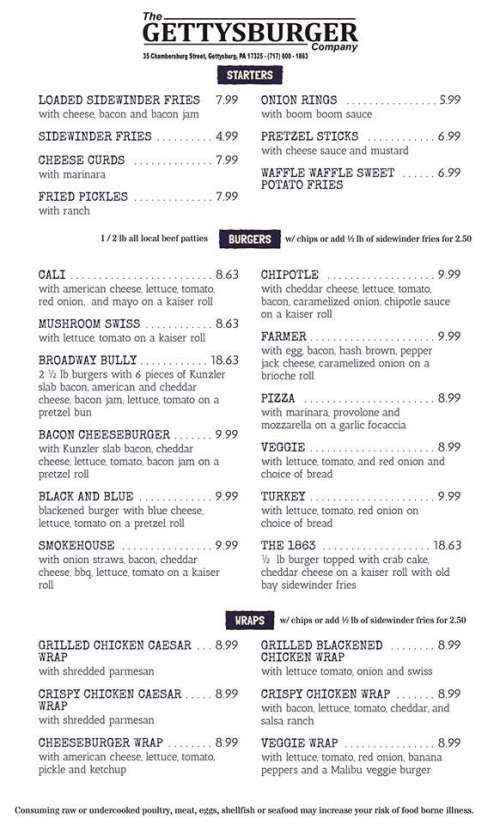 The Gettysburger Company menu in Gettysburg, Pennsylvania, USA