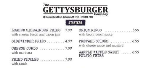 Menu for The Gettysburger Company in Gettysburg, PA | Sirved