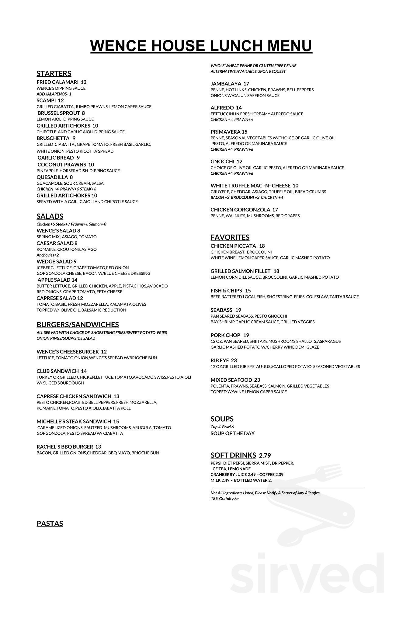 Wence House California Cuisine menu in Brentwood, California, USA