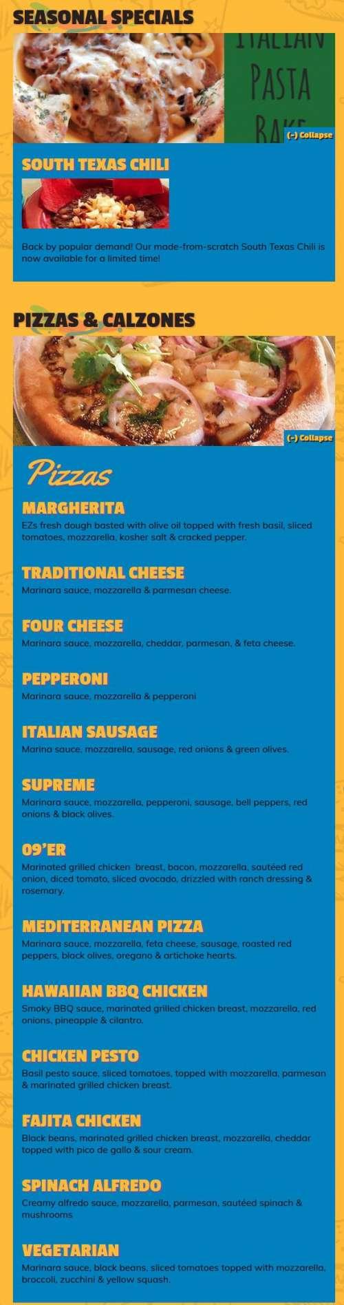 EZ'S Brick Oven & Grill menu in San Antonio, Texas, USA